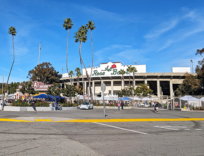 Palm trees stand guard over California's most famous flea market, where bargains await under blue skies.
