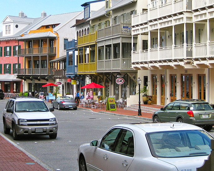 Rosemary Beach's charming architecture pops with color against the blue sky, like a seaside neighborhood where every building has a story to tell.