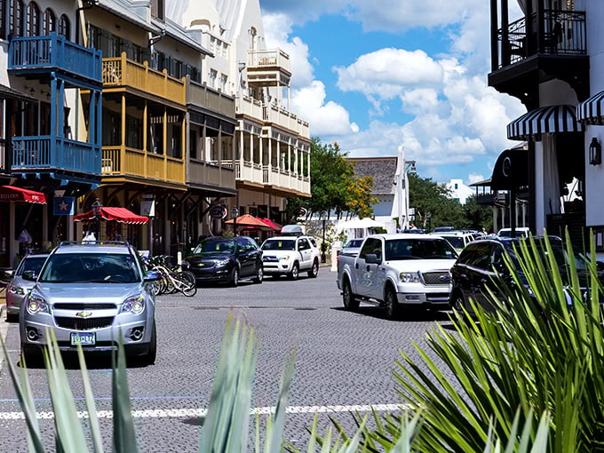 Colorful balconies and awnings line Rosemary Beach's main thoroughfare, creating a pedestrian paradise where cars seem almost out of place.
