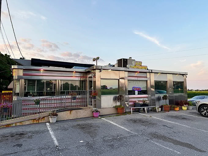 Sunset casts a golden glow on this roadside time machine, where hungry travelers have been refueling since before GPS told us where to turn.