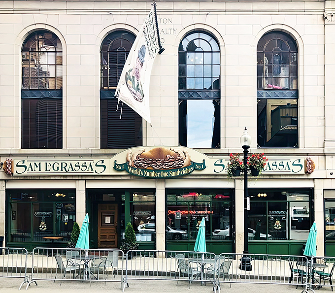 Outdoor seating at Sam LaGrassa's &ndash; where sandwich dreams and people-watching collide in perfect harmony.