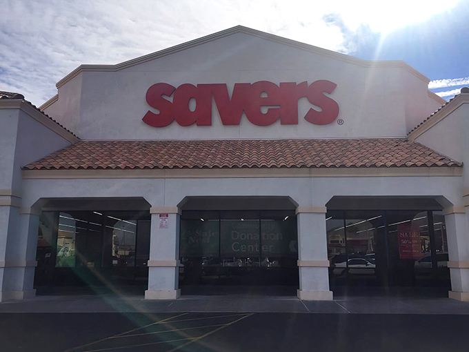 Where thrifting dreams come true! Savers' bold red signage pops against terracotta tiles, promising donation-fueled adventures for the savvy shopper.