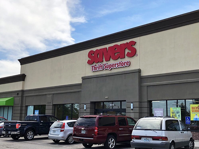 Parking spots filled outside Savers on a weekday afternoon. Like a Vegas casino, time disappears once you step through these doors.