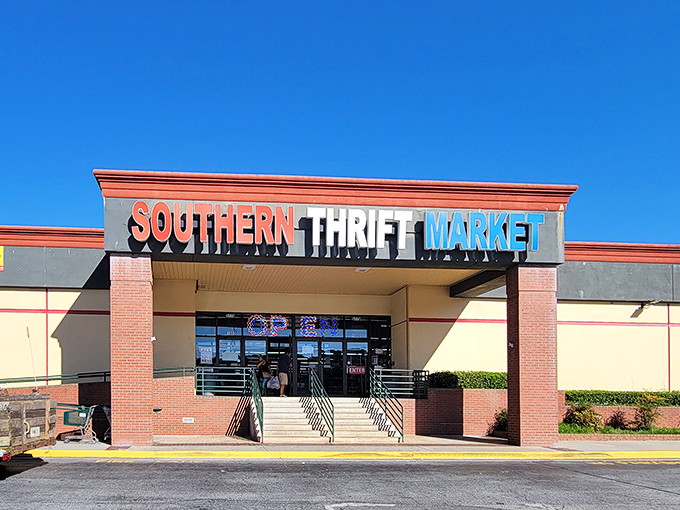 Blue skies and bargains await! Southern Thrift Market's entrance is like a portal to secondhand paradise.