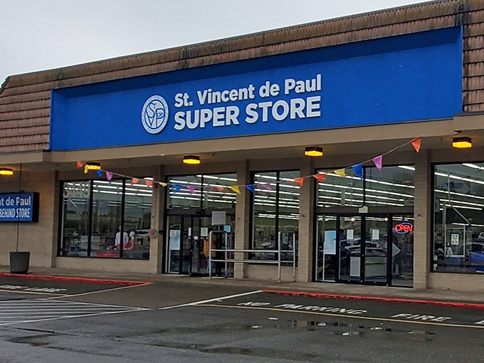 Colorful flags dance above the entrance, promising a wonderland of second-hand surprises waiting inside.