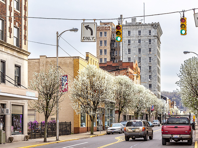 Spring blossoms line Steubenville's main street, where charming storefronts welcome seniors without emptying their wallets.