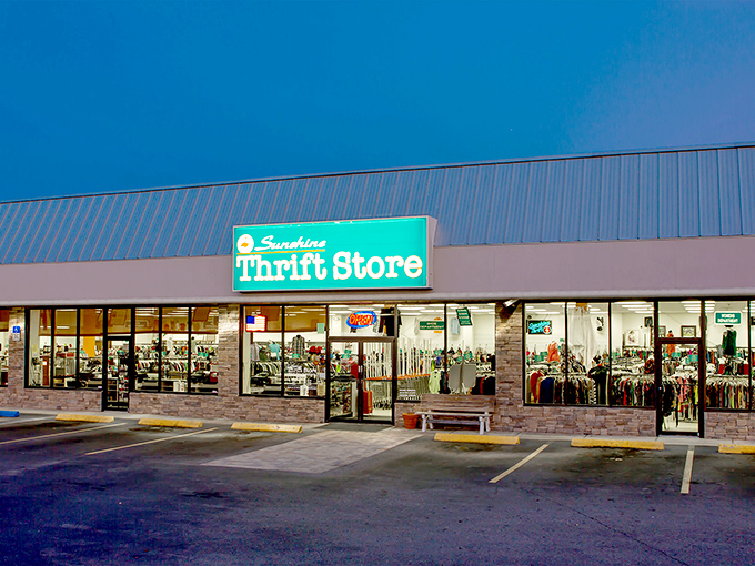 As evening approaches, Sunshine Thrift's glowing storefront promises treasure hunting adventures that won't break the bank.