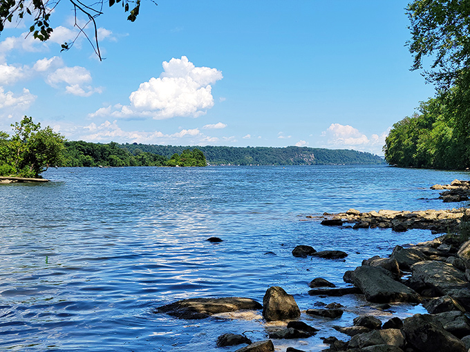 The mighty Susquehanna River sparkles in the sunlight, its rocky shoreline inviting adventurers to skip stones or dip their toes.