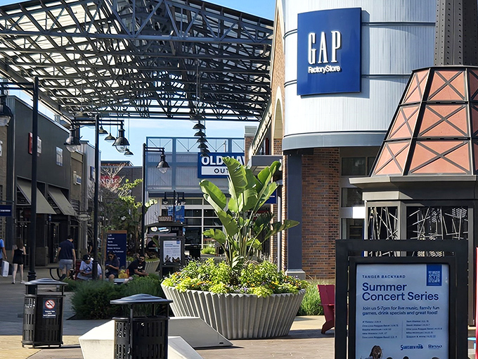 Modern outdoor shopping meets classic comfort - where Gap and good deals create perfect harmony.