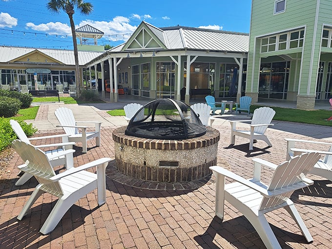 Adirondack chairs around a fire pit – the perfect rest stop between bargain hunting adventures at Tanger Bluffton.