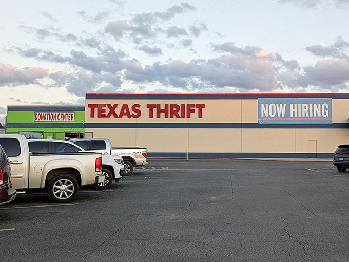 The "Now Hiring" sign says it all - business is booming at this thrift shopping paradise.