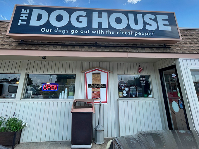 Sometimes the best hot dog joints hide behind the simplest signs – "Our dogs go out with the nicest people!"
