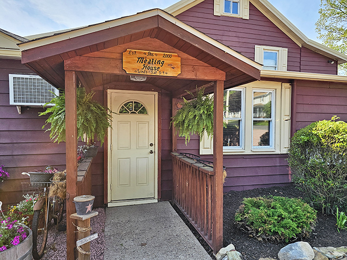 "The Meating House" &ndash; where that charming purple exterior and hanging ferns promise steaks served with country comfort rather than big-city pretension.