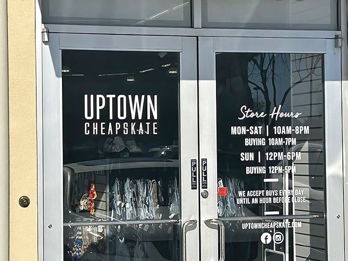 Clean glass doors reveal organized racks inside - like window shopping, but everything's actually affordable for once.