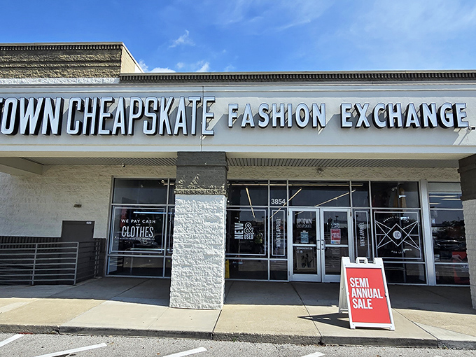 Semi-annual sales at Uptown Cheapskate are like Christmas in July. That red sign might as well say "Your wallet can relax now."