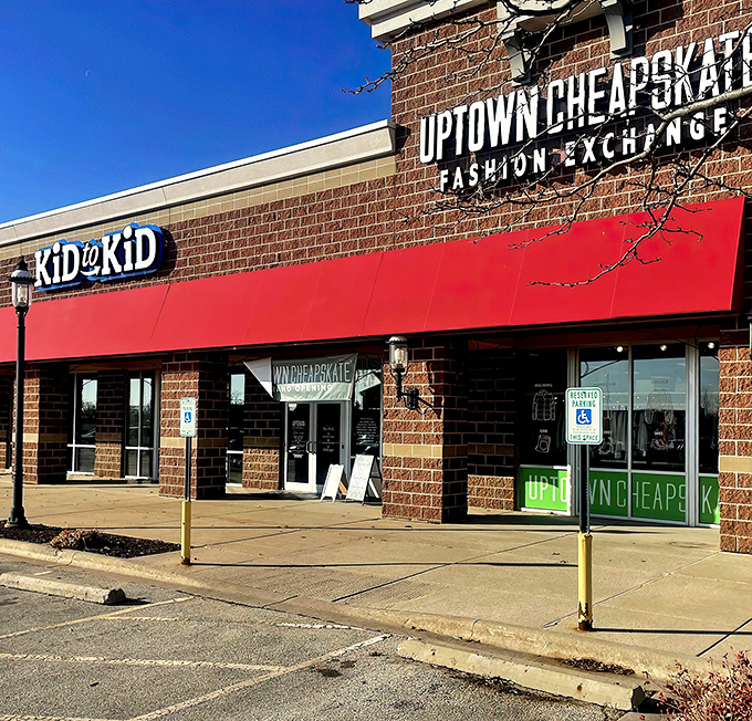 Where fashion meets frugality! Uptown Cheapskate and Kid to Kid share this stylish storefront, proving secondhand shopping doesn't mean second-rate style.