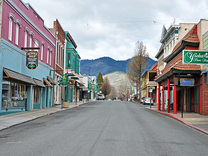 Colorful storefronts line Yreka's downtown, where mountains provide the backdrop and small-town charm is the main attraction.