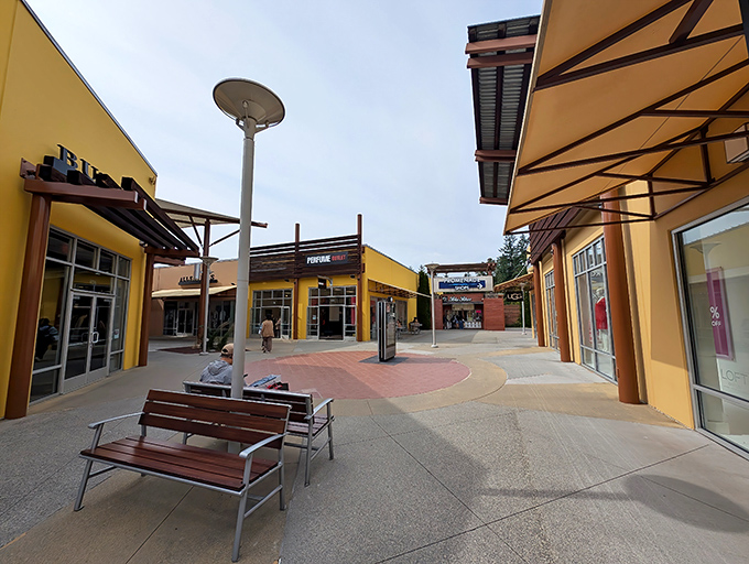 Strategic bench placement throughout the complex offers salvation for weary shoppers and patient partners alike.