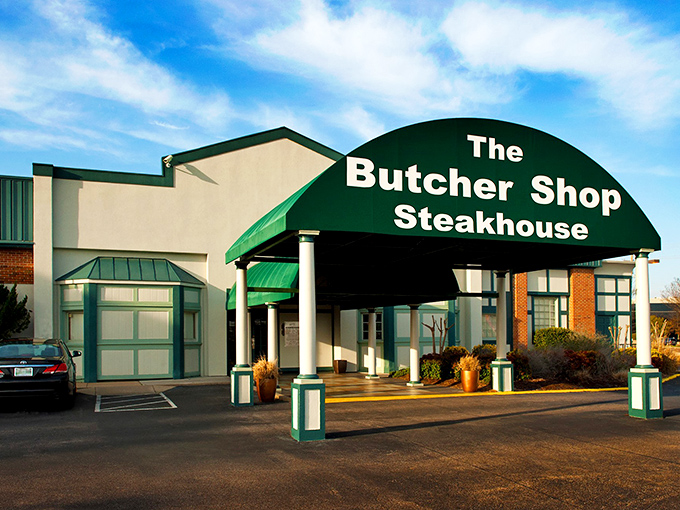 The distinctive entrance has welcomed generations of steak lovers. Like a meat cathedral with its own green-topped steeple.