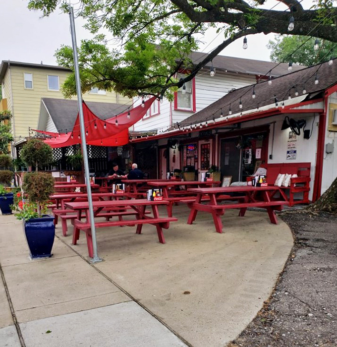 String lights dangle from branches overhead, turning this humble patio into a magical dining experience once the sun sets over Houston's skyline.