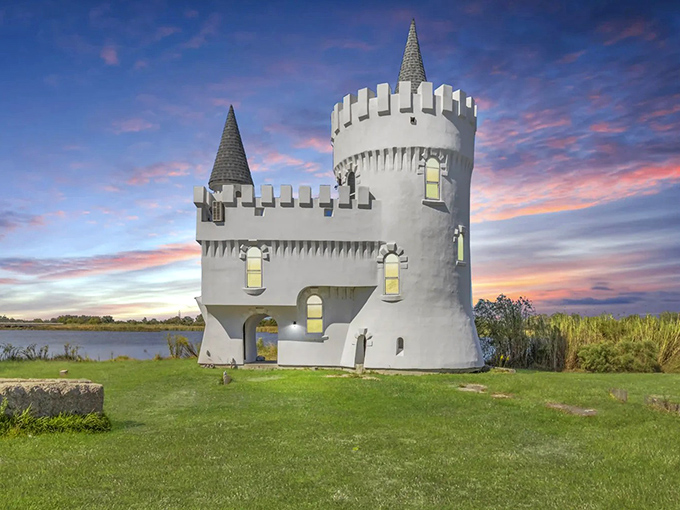 The pristine white exterior gleams in the sunlight, its crenellated towers and pointed turrets defying the typical Louisiana architectural playbook.