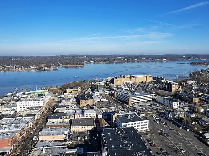 From above, Red Bank reveals its perfect positioning along the Navesink River. The compact downtown hugs the waterfront like it was always meant to be there.