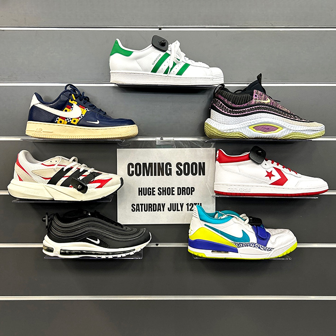 Sneakerheads, rejoice! This "Huge Shoe Drop" display showcases coveted kicks at prices that won't require taking out a second mortgage.