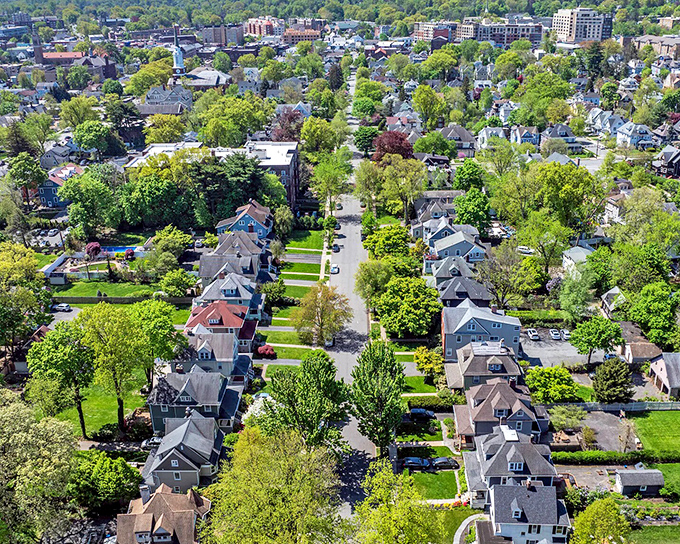 A bird's-eye view reveals Montclair's leafy residential neighborhoods, where architectural diversity is the only constant. Suburban paradise, defined.
