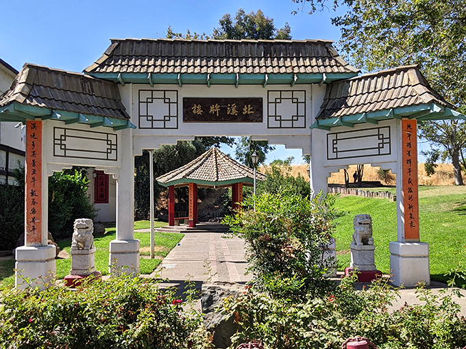 The Bok Kai Temple's ornate entrance stands as a colorful reminder of Marysville's multicultural heritage, where East meets West in Northern California.