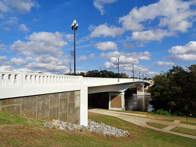 The Broad Avenue Memorial Bridge spans the Flint River, offering picturesque views and connecting Albany's neighborhoods under those quintessential Georgia blue skies.