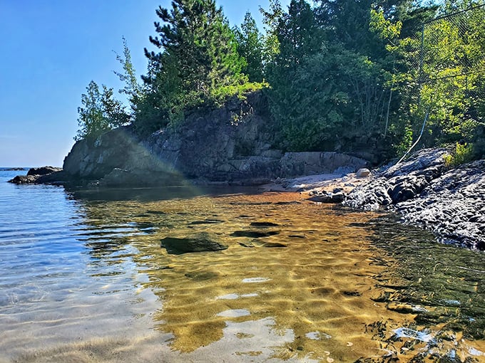 Nature's own infinity pool where Lake Superior's clear waters create a golden-hued shoreline. The rocks and trees frame this scene like Mother Nature's personal Instagram filter. 