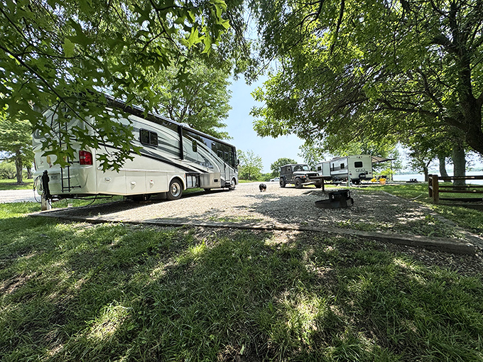 RV paradise meets shady comfort &ndash; where roughing it means your coffee maker is only ten feet away.