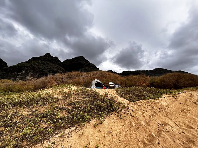 Adventure camping at its finest. Nothing says "I've escaped civilization" quite like pitching a tent with those majestic cliffs as your backdrop.
