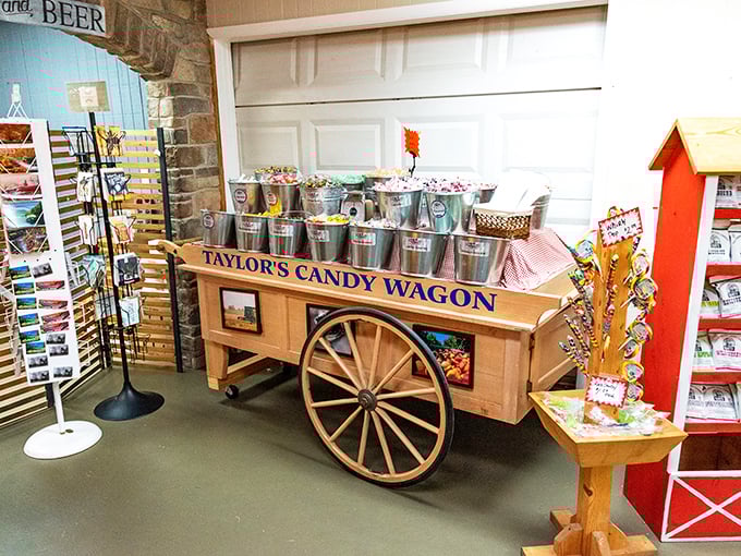 Not your average candy display! Taylor's Candy Wagon transforms sweet shopping into a nostalgic adventure, with metal buckets brimming with treats that would make Willy Wonka jealous.