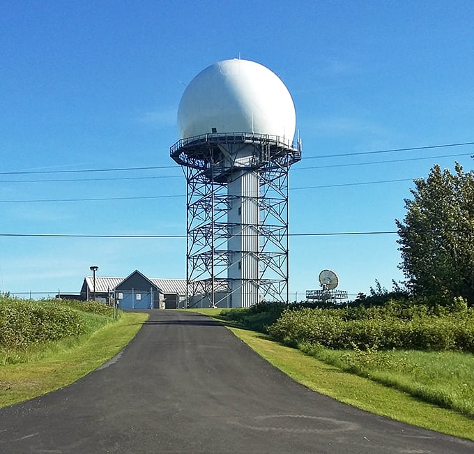 This weather radar dome isn't just monitoring storms&mdash;it's keeping watch over Aroostook County like a giant golf ball perched on the world's tallest tee.
