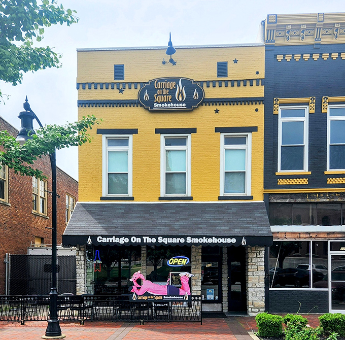 Carriage on the Square Smokehouse's sunny yellow fa&ccedil;ade promises barbecue worth writing home about&mdash;if you can put your fork down long enough.