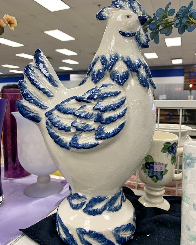 This blue and white ceramic chicken isn't just decor&mdash;it's someone's future heirloom and conversation starter. "Why yes, I found her at Liberty Thrift!"
