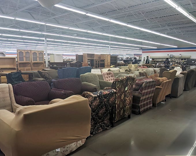 A sea of sofas stretches toward the horizon—each with its own personality, history, and impossibly low price tag.