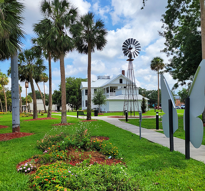 A slice of Old Florida paradise where palm trees frame community spaces. This windmill and garden area captures Eustis's blend of natural beauty and small-town thoughtfulness.