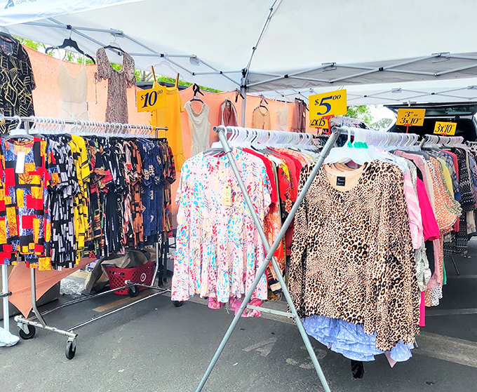 Fashion finds without the boutique markup! Racks bursting with colorful patterns and leopard prints await savvy shoppers looking for style steals.