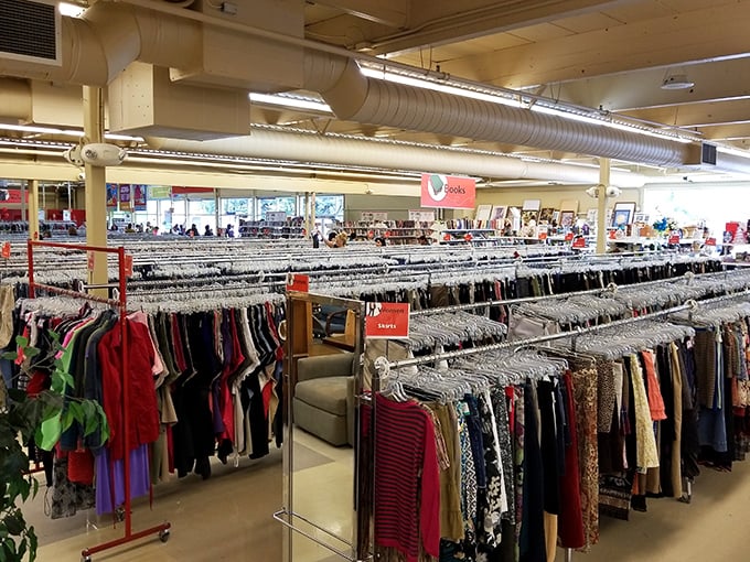 Endless rows of possibility hang in patient formation, each garment with a story to tell and a price tag that won't require a second mortgage.