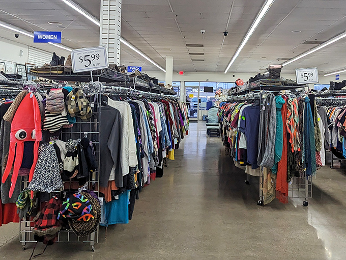 Endless racks of possibility stretch toward the horizon. Each hanger holds not just clothing, but someone's past waiting to become part of your future wardrobe.