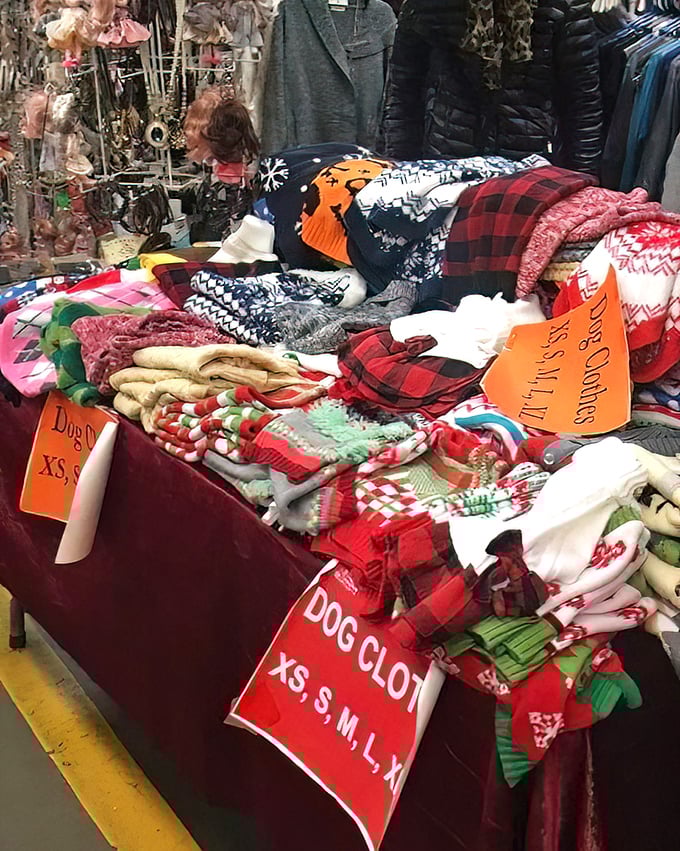 Holiday sweaters and dog clothes galore! One person's tacky Christmas attire becomes another's ironic party showstopper at prices that won't break the bank.