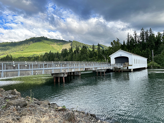 Mother Nature couldn't have framed it better—the pristine white bridge creates a striking contrast against the emerald waters and rolling hills of the Cascade foothills.