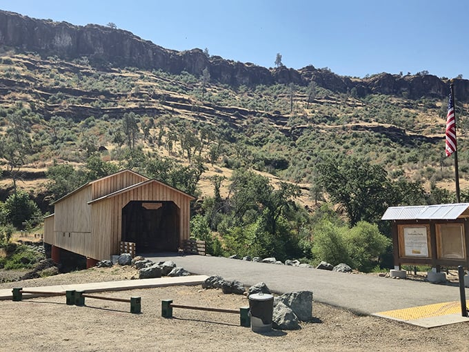 Same bridge, different angle&mdash;like seeing your favorite actor in a surprising new role. The rugged landscape creates a stunning backdrop for this wooden marvel.