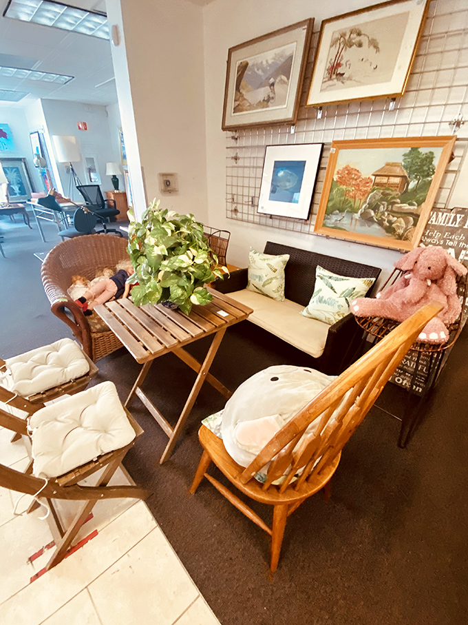 Mid-century meets modern comfort in this carefully curated furniture vignette. That wooden chair has probably witnessed more family dinners than a Thanksgiving turkey.