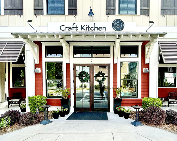 Craft Kitchen's inviting entrance promises culinary creativity behind those doors. The perfect blend of Lowcountry tradition and contemporary flair awaits hungry visitors.