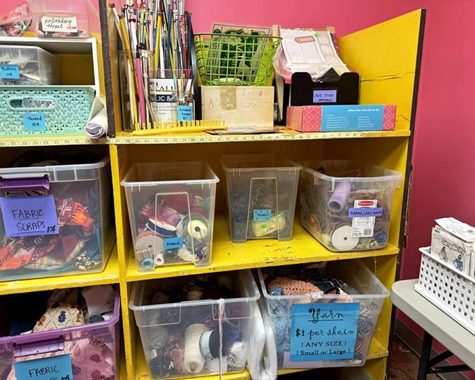 A crafter's paradise awaits with neatly organized bins of fabric scraps, yarn, and creative supplies&mdash;all priced to make your DIY dreams affordable realities.