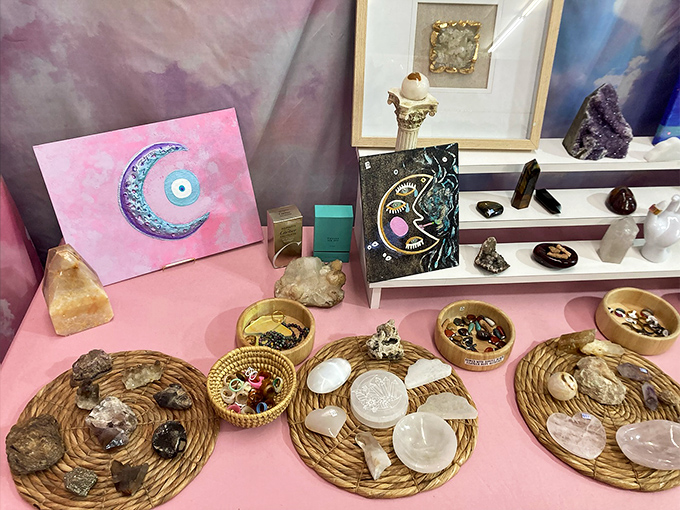 Crystals and gemstones displayed like nature's candy store, promising good vibes at even better prices.