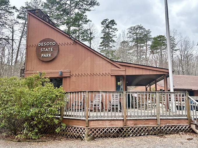 The park's welcoming visitor center looks like it belongs on a vintage postcard—complete with rocking chairs that practically beg you to sit a spell.